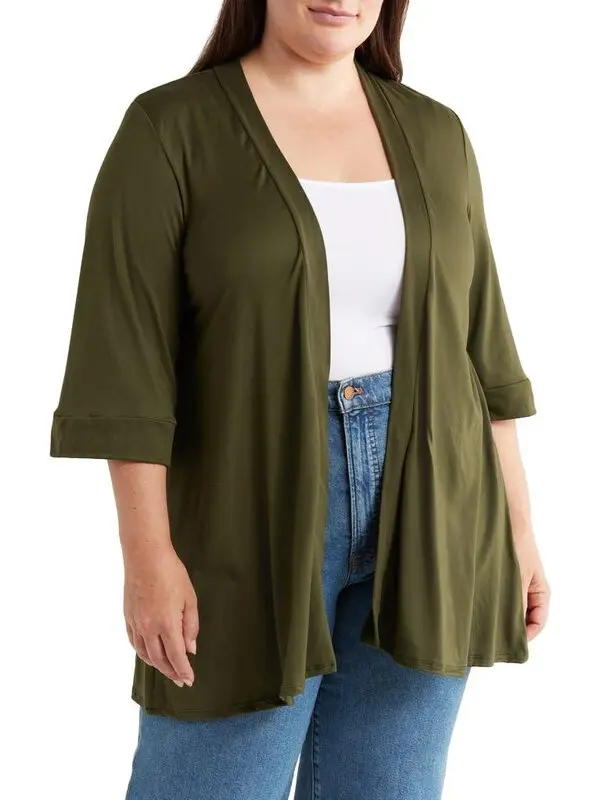 24SEVEN COMFORT APPAREL Open Front Cardigan With Fold-over Cuff Sleeves - Olive