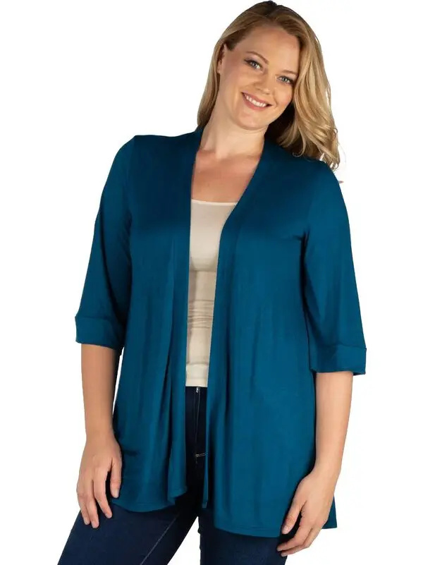 24SEVEN COMFORT APPAREL Elbow Length Sleeve Open Front Cardigan - Teal