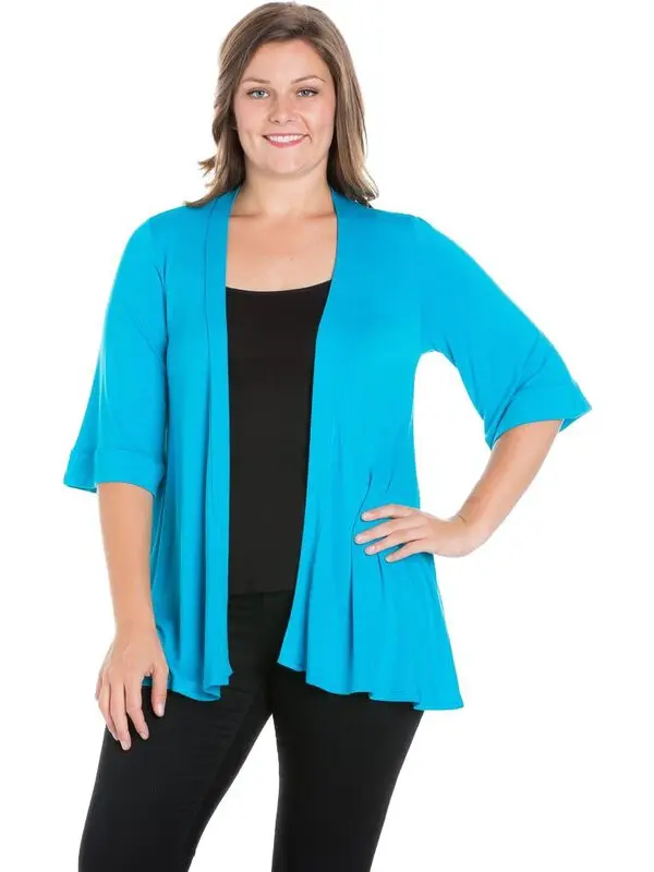 24SEVEN COMFORT APPAREL Elbow Length Sleeve Open Front Cardigan - Turquiose