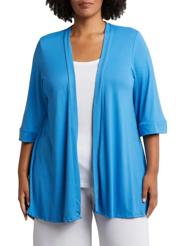 24SEVEN COMFORT APPAREL Open Front Cardigan With Fold-over Cuff Sleeves - Turquoise