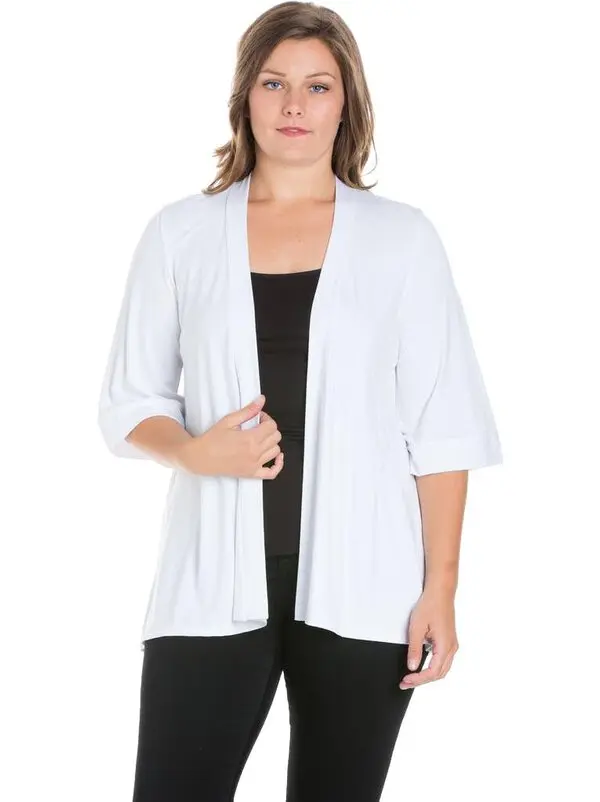 24SEVEN COMFORT APPAREL Elbow Length Sleeve Open Front Cardigan - White