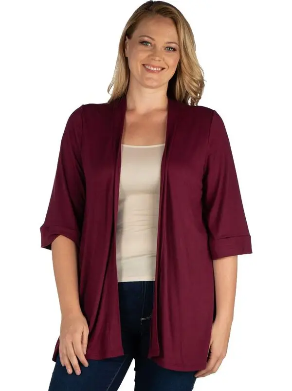 24SEVEN COMFORT APPAREL Elbow Length Sleeve Open Front Cardigan - Wine