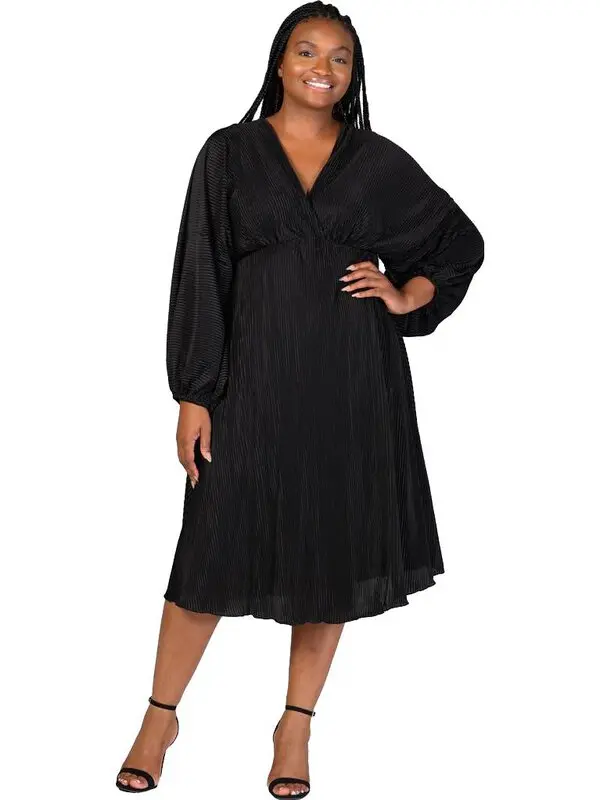 24SEVEN COMFORT APPAREL V-neck Empire Waist Bishop Sleeve Midi Dress - Black