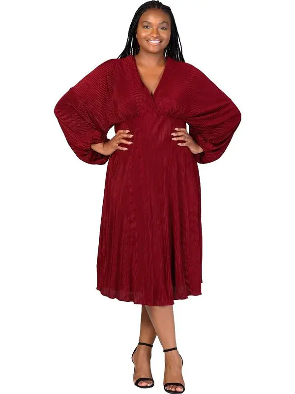 24SEVEN COMFORT APPAREL V-neck Empire Waist Bishop Sleeve Midi Dress - Wine