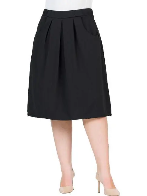 24SEVEN COMFORT APPAREL Elastic Waist Pleated Knee Length Skirt - Black