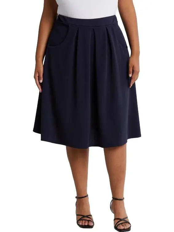 24SEVEN COMFORT APPAREL Pleated Elastic Waist Midi Skirt - Navy