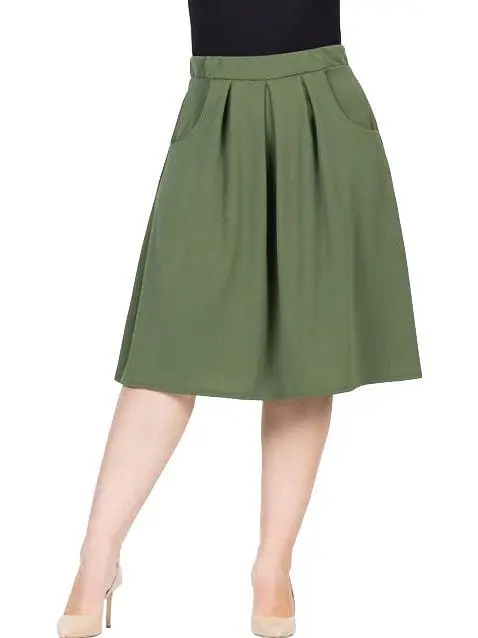 24SEVEN COMFORT APPAREL Elastic Waist Pleated Knee Length Skirt - Olive