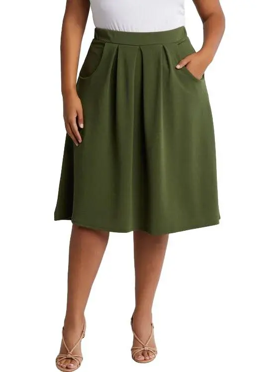 24SEVEN COMFORT APPAREL Pleated Elastic Waist Midi Skirt - Olive