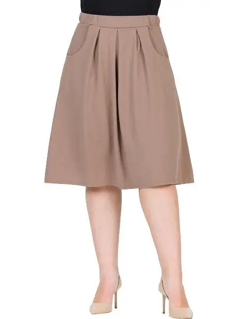 24SEVEN COMFORT APPAREL Elastic Waist Pleated Knee Length Skirt - Taupe