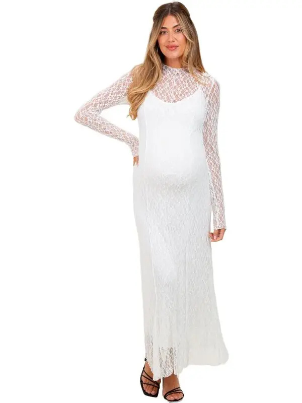 PINKBLUSH Lace Mock Neck Long Sleeve Maternity Maxi Dress - White