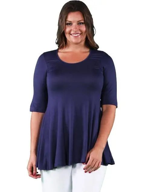 24SEVEN COMFORT APPAREL Elbow Swing Tunic Top - Navy