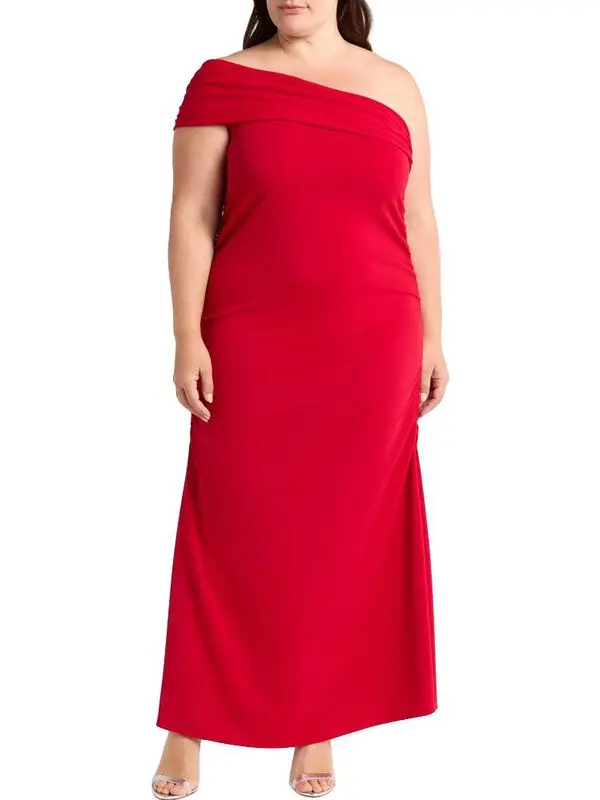 24SEVEN COMFORT APPAREL One-shoulder Ruched Maxi Dress - Ruby
