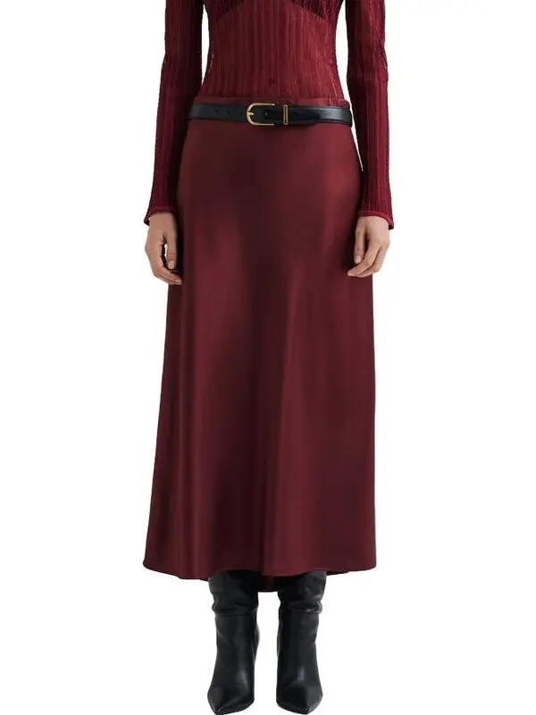 MALINA Aubree Satin Midi Skirt - Wine