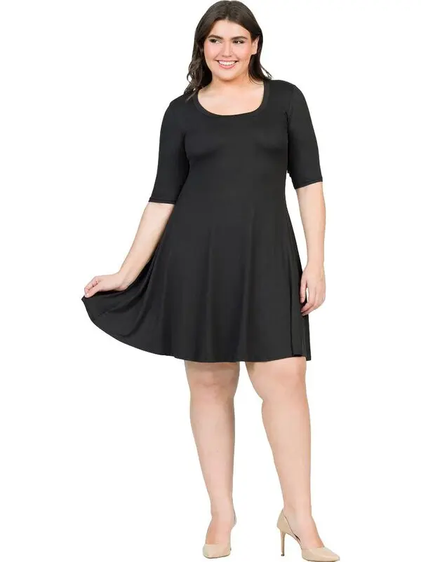 24SEVEN COMFORT APPAREL Elbow Sleeve Knee Length A-line Dress - Black