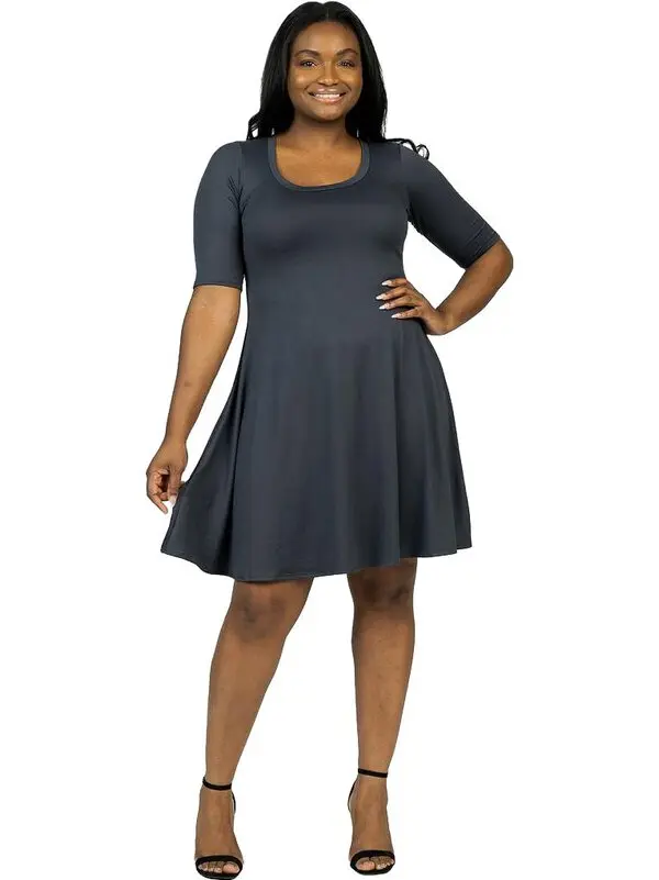 24SEVEN COMFORT APPAREL Elbow Sleeve Knee Length A-line Dress - Charcoal