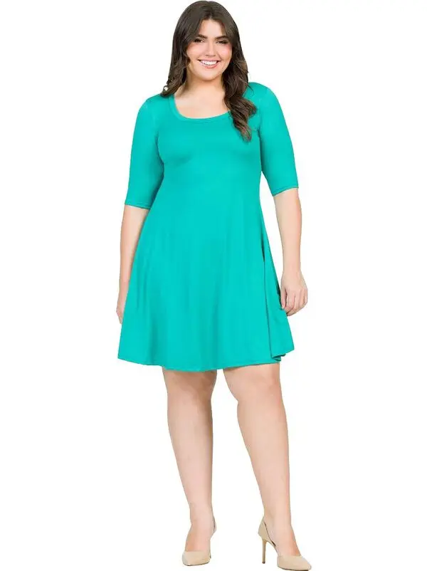 24SEVEN COMFORT APPAREL Elbow Sleeve Knee Length A-line Dress - Jade