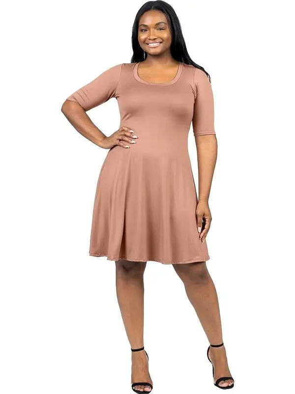 24SEVEN COMFORT APPAREL Elbow Sleeve Knee Length A-line Dress - Mocha