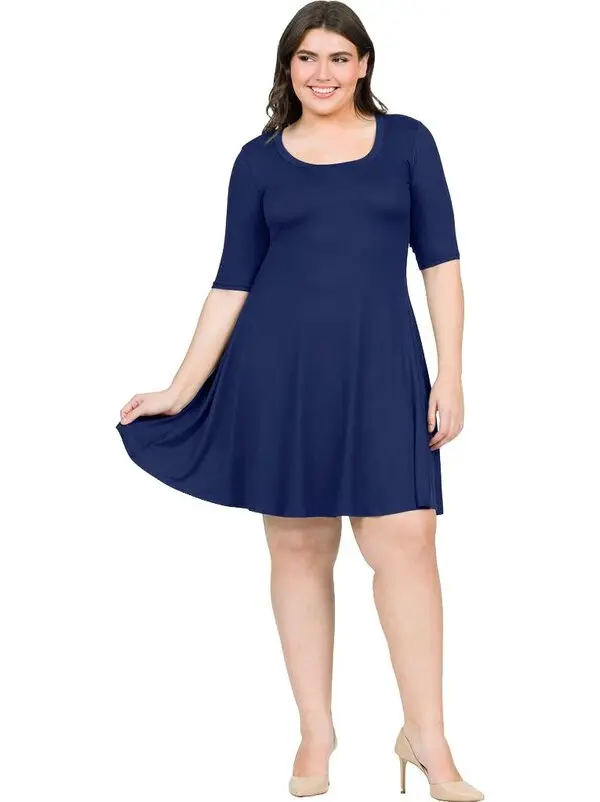 24SEVEN COMFORT APPAREL Elbow Sleeve Knee Length A-line Dress - Navy