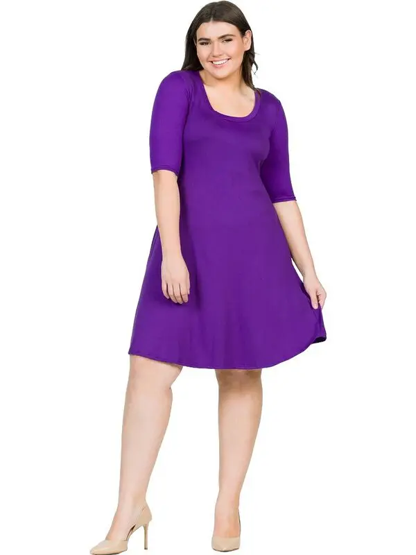 24SEVEN COMFORT APPAREL Elbow Sleeve Knee Length A-line Dress - Purple