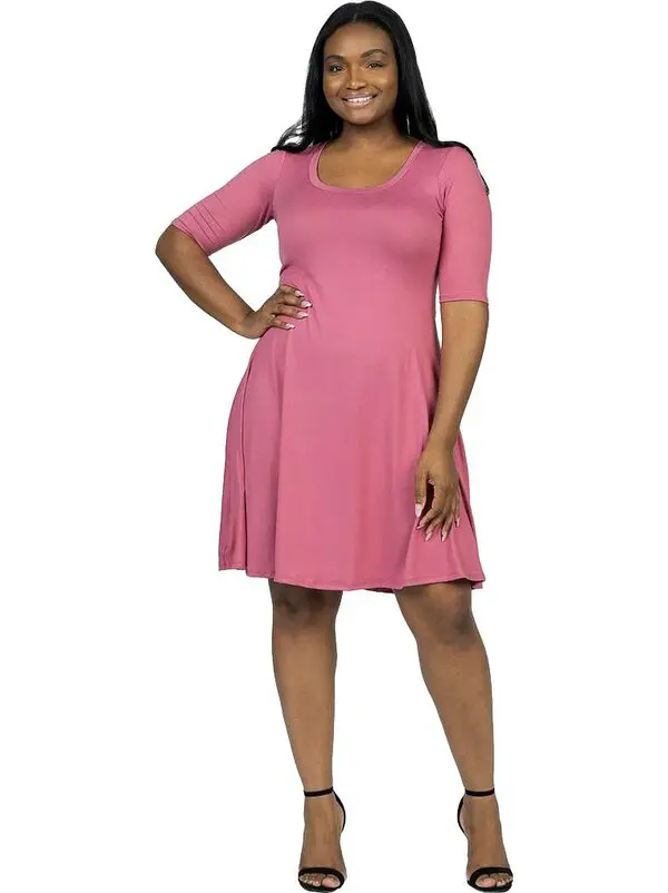 24SEVEN COMFORT APPAREL Elbow Sleeve Knee Length A-line Dress - Rose