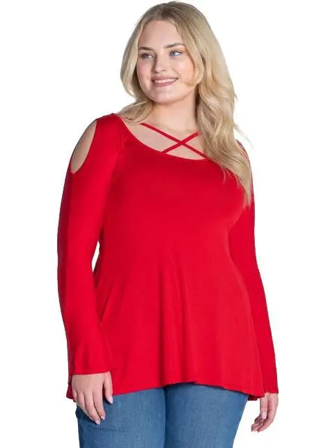 24SEVEN COMFORT APPAREL Long Sleeve Criss-cross Cold Shoulder Top - Red