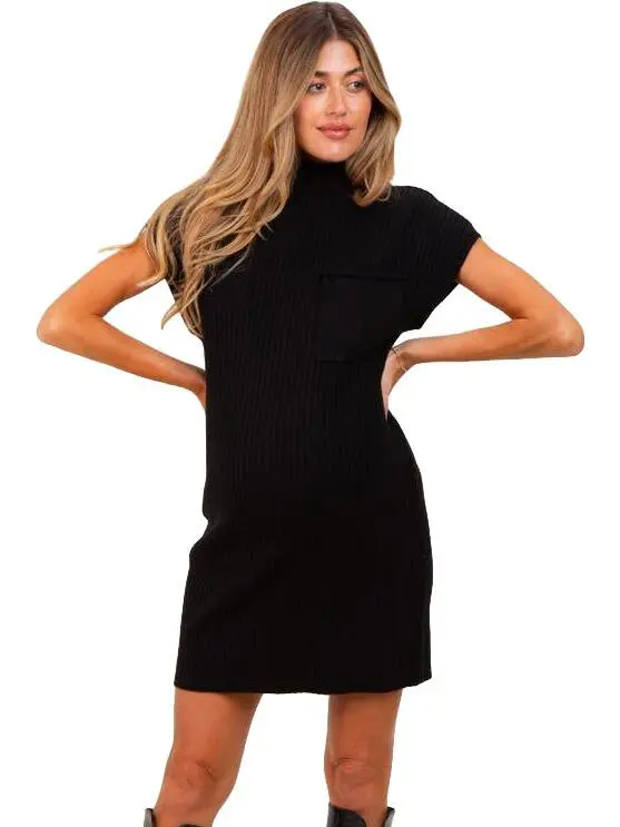 PINKBLUSH Ribbed Knit Short Sleeve Sweater Dress - Black