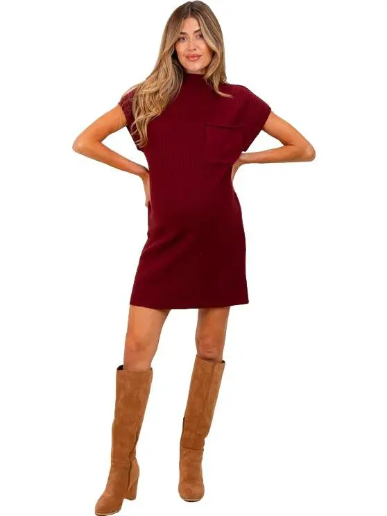 PINKBLUSH Ribbed Knit Maternity Sweater Dress - Burgundy