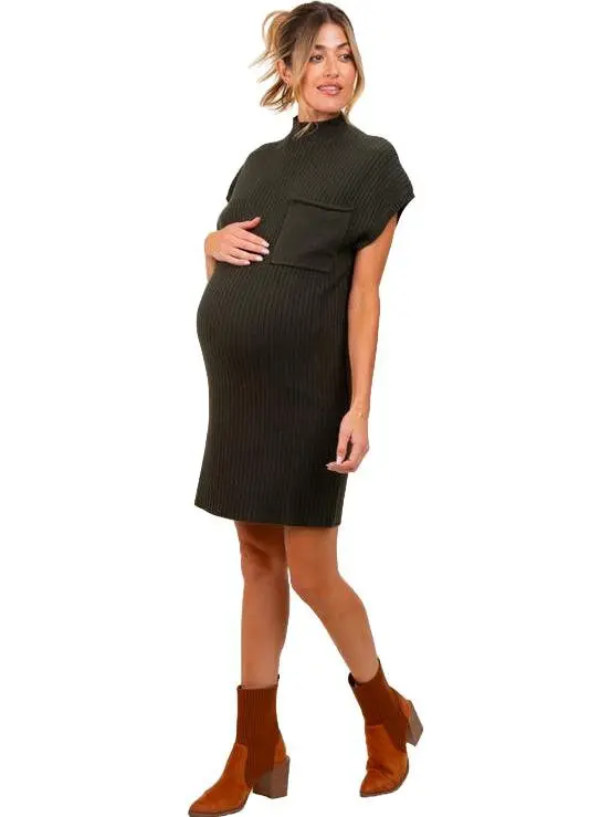 PINKBLUSH Ribbed Knit Maternity Sweater Dress - Olive Green