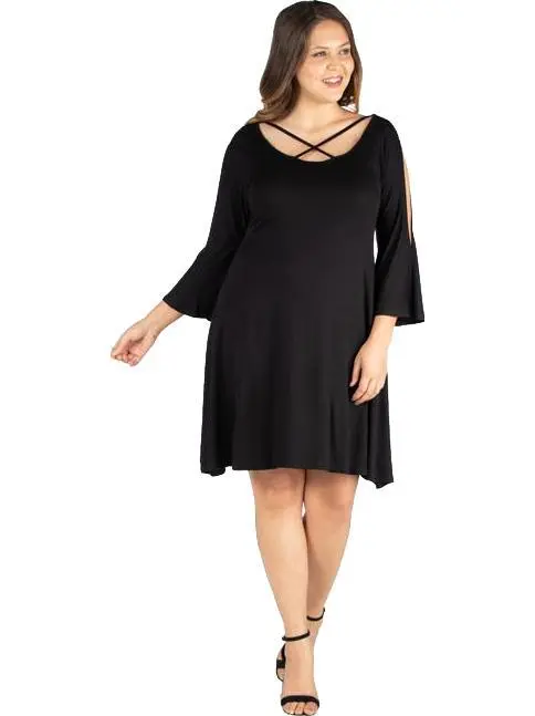 24SEVEN COMFORT APPAREL Criss Cross Neckline Cold Shoulder Dress - Black