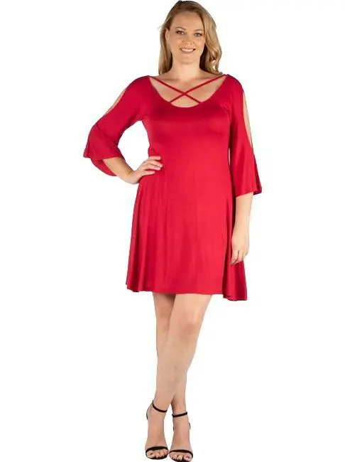 24SEVEN COMFORT APPAREL Criss Cross Neckline Cold Shoulder Dress - Red