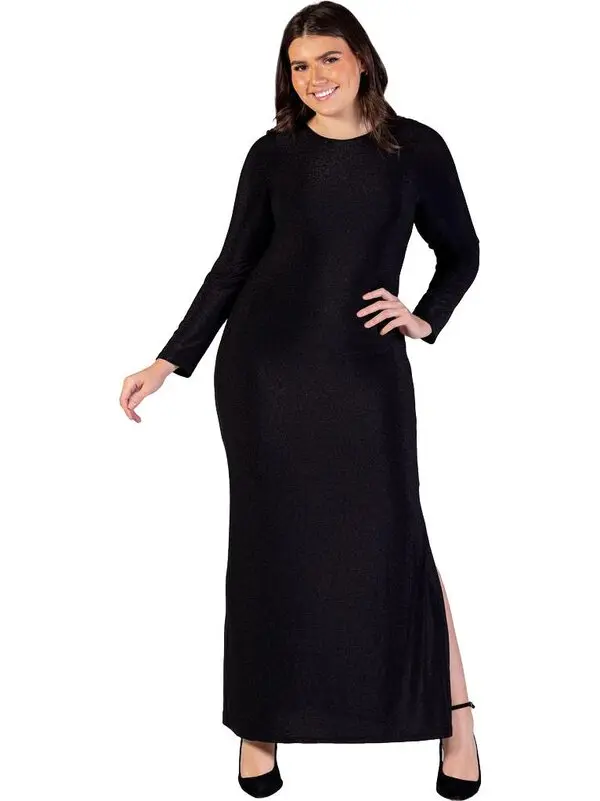 24SEVEN COMFORT APPAREL Fitted Long Sleeve Shimmery Maxi Dress - Black