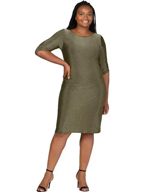 24SEVEN COMFORT APPAREL Elbow Length Sleeve Shimmer Mini Dress - Gold