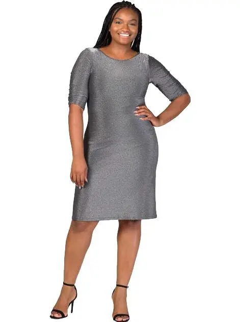 24SEVEN COMFORT APPAREL Elbow Length Sleeve Shimmer Mini Dress - Silver