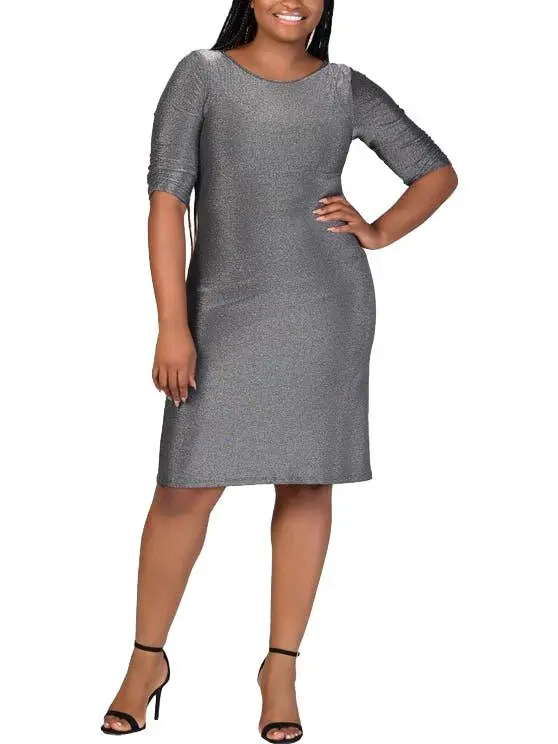 24SEVEN COMFORT APPAREL Shimmer Knit Body-con Dress - Silver