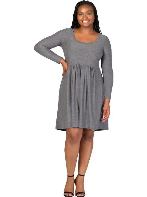 24SEVEN COMFORT APPAREL Long Sleeve Babydoll Knee Length Dress - Smoke