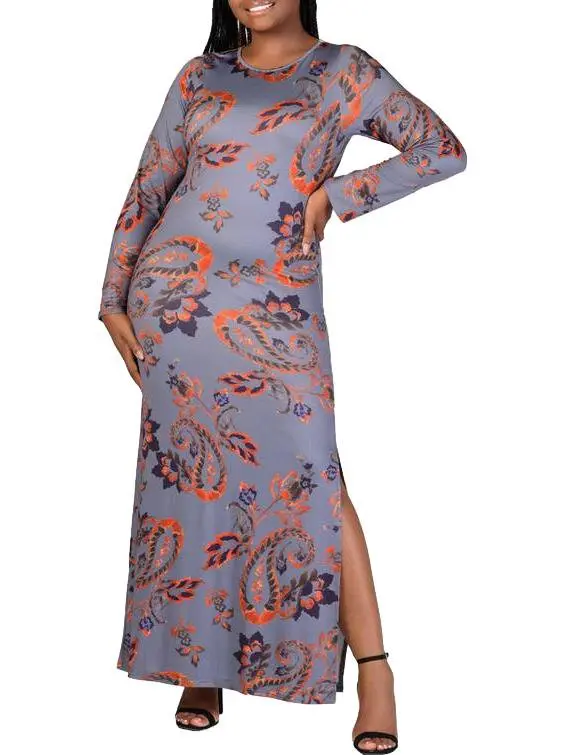 24SEVEN COMFORT APPAREL Paisley Print Long Sleeve Maxi Dress - Orange Multi