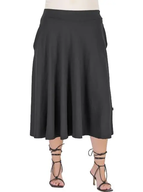 24SEVEN COMFORT APPAREL Elastic Waist Pleated Midi Skirt - Black