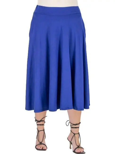 24SEVEN COMFORT APPAREL Elastic Waist Pleated Midi Skirt - Navy