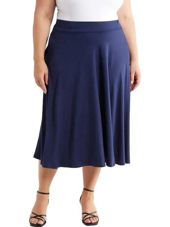 24SEVEN COMFORT APPAREL Flowy Jersey Midi Skirt - Navy