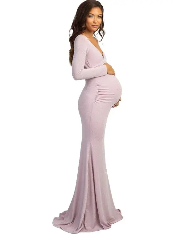 PINKBLUSH Off-shoulder Long Sleeve Wrap Maternity Gown - Light Pink