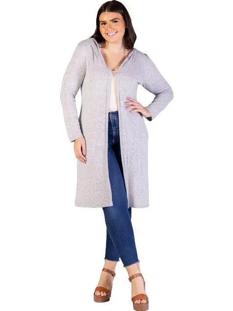 24SEVEN COMFORT APPAREL Knee Length Long Sleeve Hooded Cardigan Shrug - Grey
