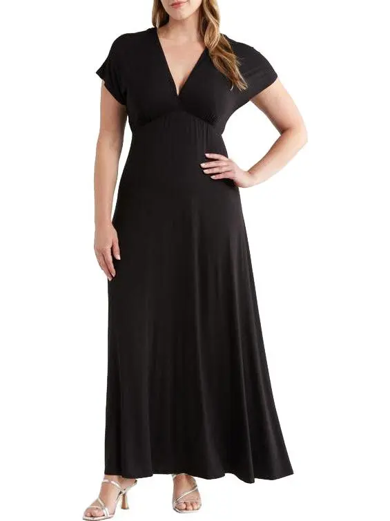 24SEVEN COMFORT APPAREL V-neck Stretch Empire Waist Maxi Dress - Black