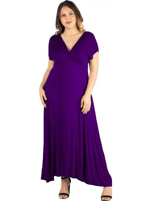 24SEVEN COMFORT APPAREL Empire Waist V-neck Maxi Dress - Purple