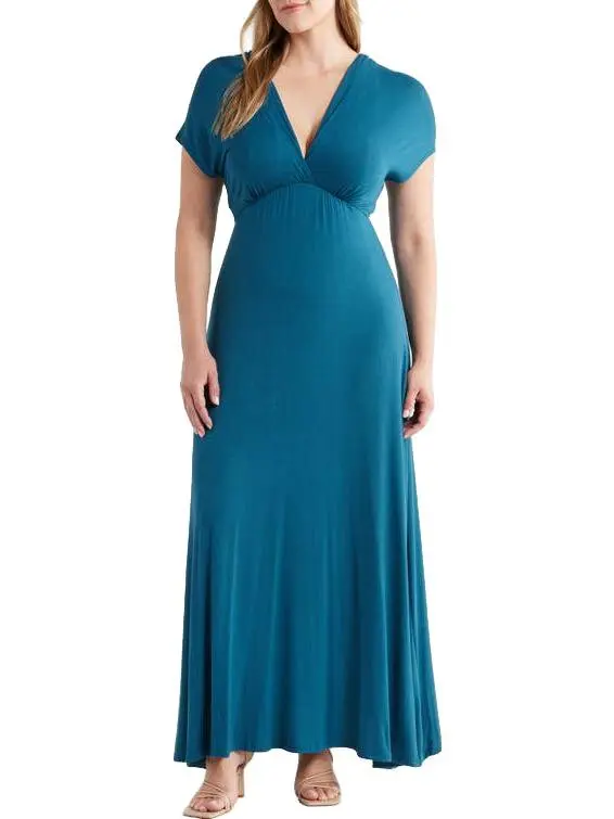 24SEVEN COMFORT APPAREL V-neck Stretch Empire Waist Maxi Dress - Teal