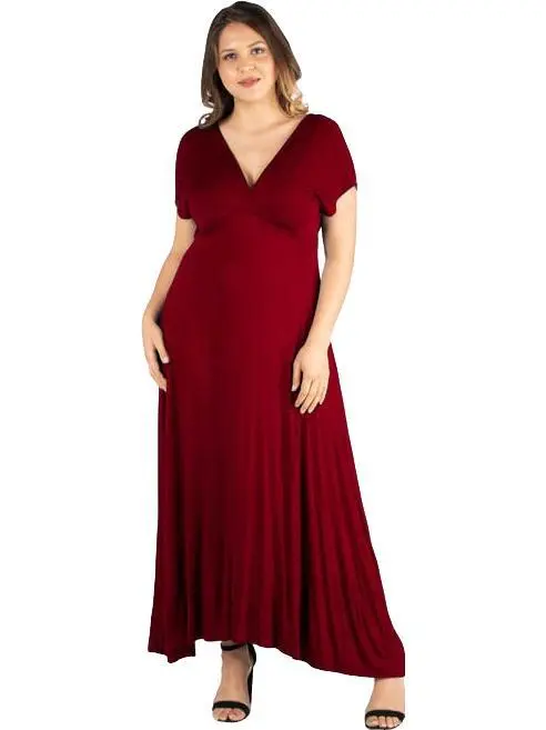 24SEVEN COMFORT APPAREL Empire Waist V-neck Maxi Dress - Wine