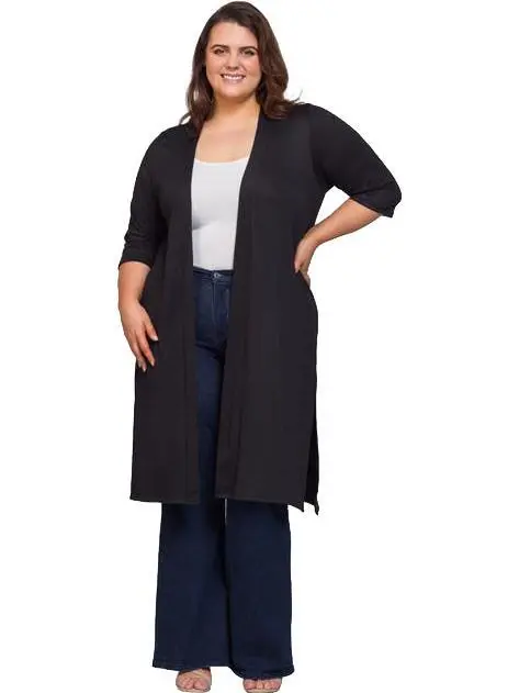 24SEVEN COMFORT APPAREL Open Front Knee Length Duster Cardigan - Black