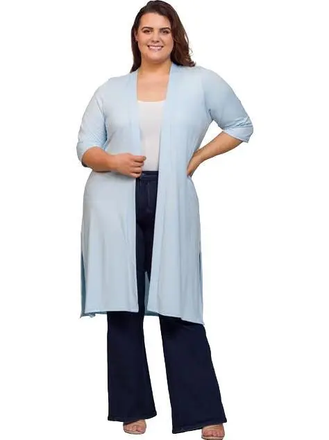 24SEVEN COMFORT APPAREL Open Front Knee Length Duster Cardigan - Blue