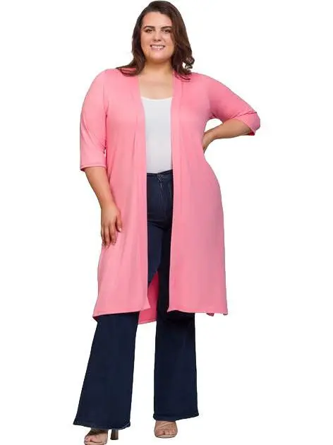 24SEVEN COMFORT APPAREL Open Front Knee Length Duster Cardigan - Coral