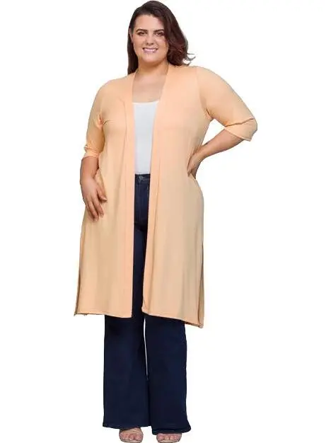 24SEVEN COMFORT APPAREL Open Front Knee Length Duster Cardigan - Melon