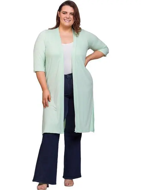 24SEVEN COMFORT APPAREL Open Front Knee Length Duster Cardigan - Mint